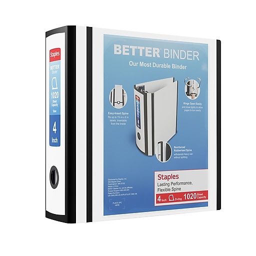 Staples Heavy Duty 4" 3-Ring Better Binder, D-Ring, White (ST55817-CC ...
