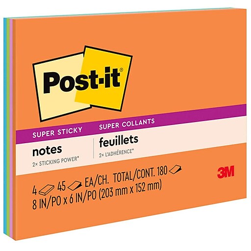 Post-it Super Sticky Notes, 8" x 6", Energy Boost Collection, 45 Sheet ...