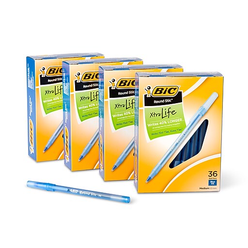BIC Round Stic Xtra Life Ballpoint Pen, Medium Point, Blue Ink, 144 ...