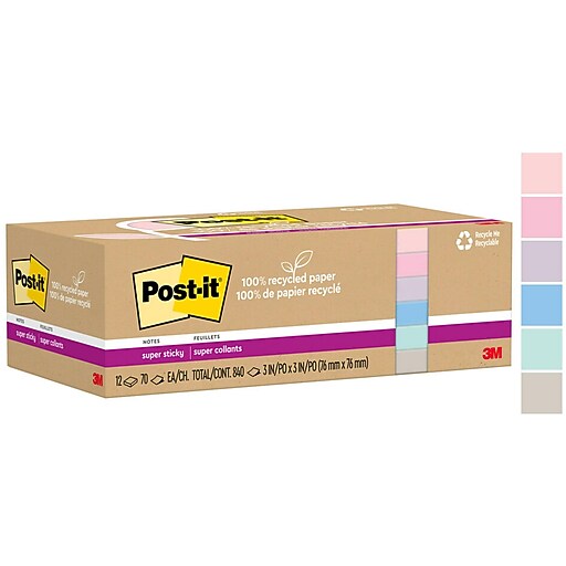 Post-it Recycled Super Sticky Notes, 3" x 3", Wanderlust Pastels ...