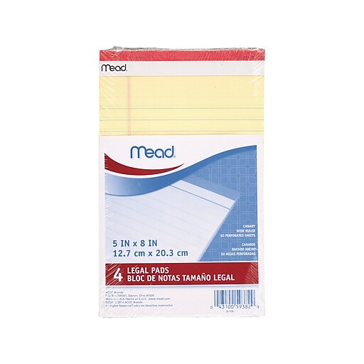 Mead Notepad, 5" x 8", Wide-Ruled, Canary, 50 Sheets/Pad, 4 Pads/Pack ...