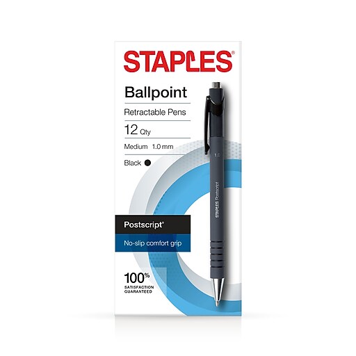 Staples Postscript Retractable Ballpoint Pens, Medium Point, Black Ink ...