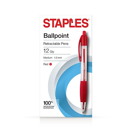 Staples Retractable Ballpoint Pens, Medium Point, Red Ink, Dozen (50792 ...