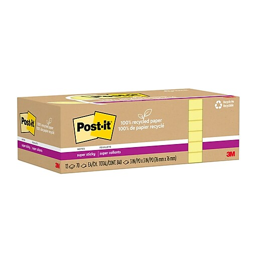 Post-it Recycled Super Sticky Notes, 3" x 3", Canary Collection, 70 ...