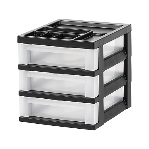 Iris 3-Compartment Stackable Desktop Storage Drawer, Black/Translucent ...
