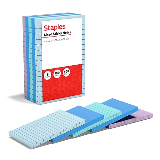 Staples Stickies Standard Notes, 4" x 6" Assorted, 100 Sheets/Pad, 5 ...