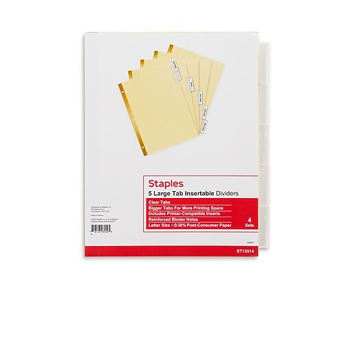 Staples Large Tab Insertable Dividers, 5-Tab, Clear, 4/Pack (13514/ ...