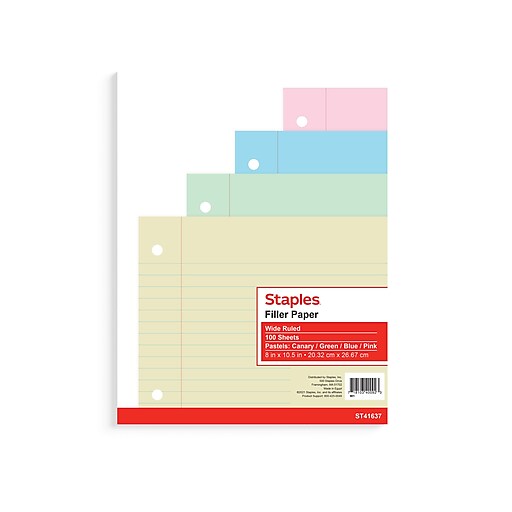 Staples Wide Ruled Filler Paper 8 X 10 5 Assorted Colors 100