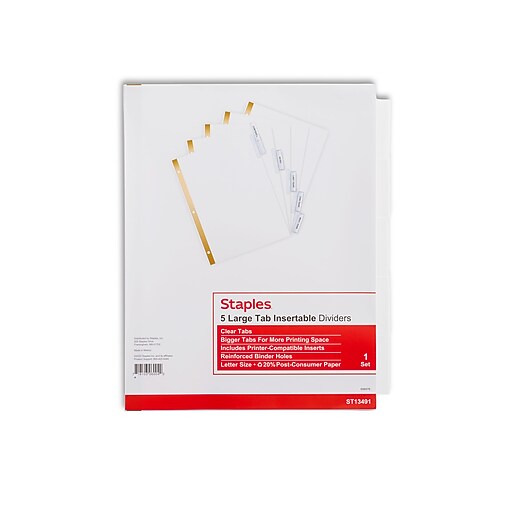 Staples Large Tab Insertable Dividers, 5-Tab, Clear (13491/11122) | Staples