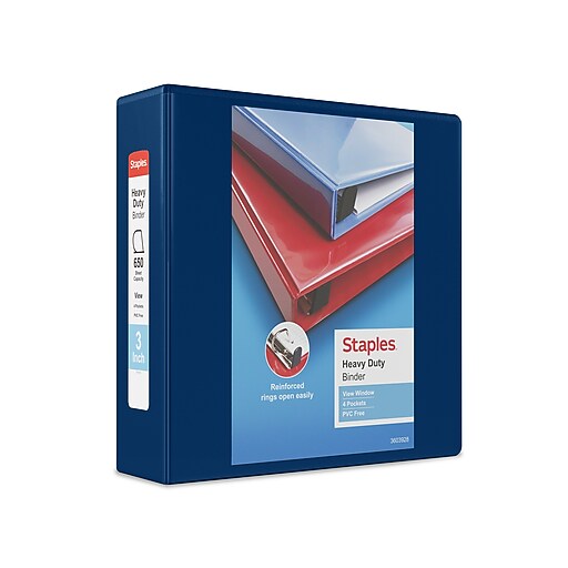 Staples Heavy Duty 3" 3-Ring View Binder, D-Ring, Blue (ST56271-CC ...
