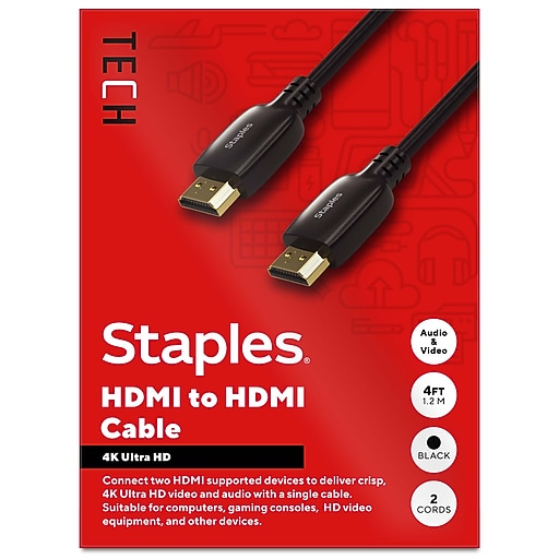 Staples TECH 4 ft. HDMI to HDMI Audio/Video Cable, Male to Male, Black ...