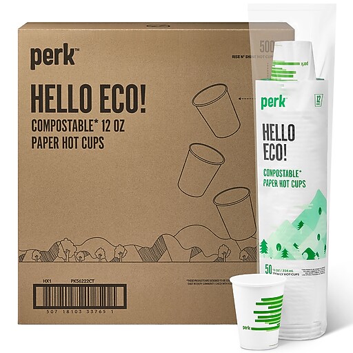 Perk™ Compostable Paper Hot Cup, 12 Oz., White/Green, 500/Carton ...