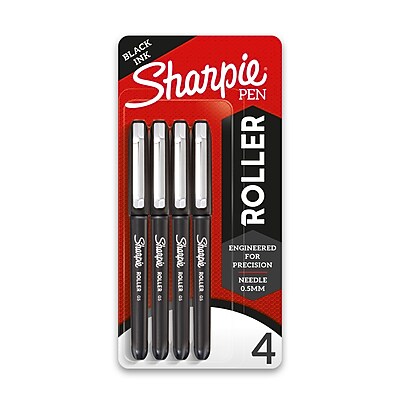 Sharpie Roller Rollerball Pen, Needle Point, Black Ink, 4 Pack (2093222 ...