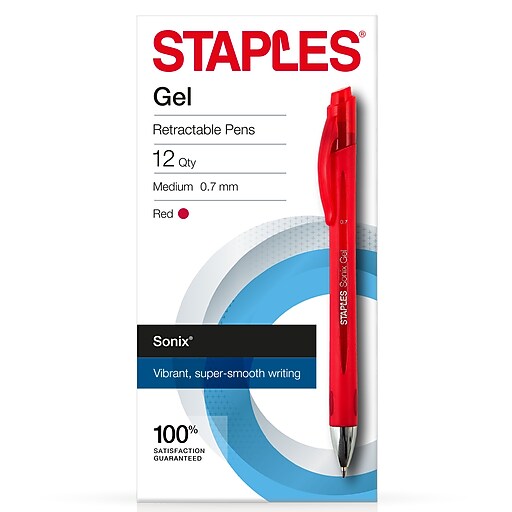 Staples Sonix Retractable Gel Pens, Medium Point, Red Ink, Dozen (13562 ...