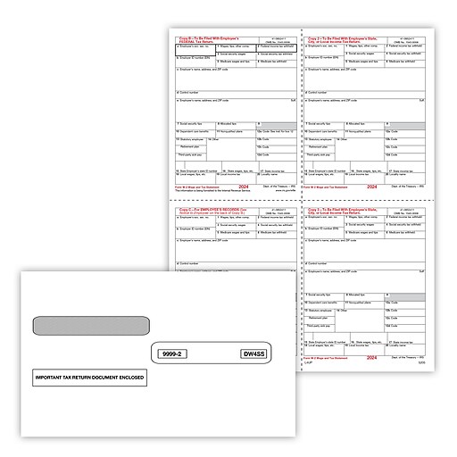 ComplyRight 2024 W-2 Tax Form Envelopes/Recipient Copy Only, 1-Part, 4 ...
