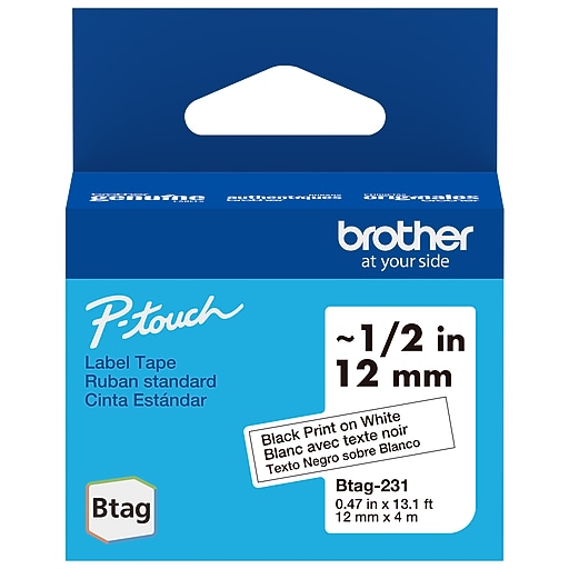 Brother P-touch Btag Label Tape, 1/2" x 13.1' (12mm x 4m), Black on White (BTAG231) | Staples