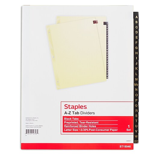 Staples Alphabetical Pre-Printed Paper Divider, A-Z Tabs, Buff/Black ...