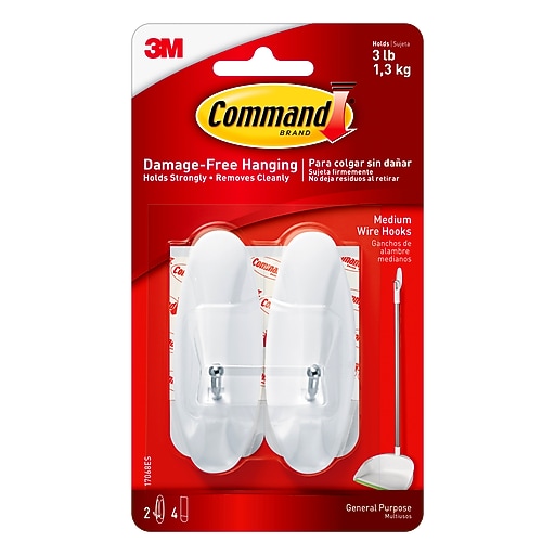 Command Medium Wire Hooks, 3 lb., White, 2/Pack (17068) | Staples