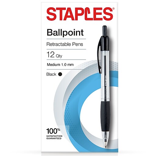 Staples® Retractable Ballpoint Pen, Medium Point, 1.0mm, Black Ink ...