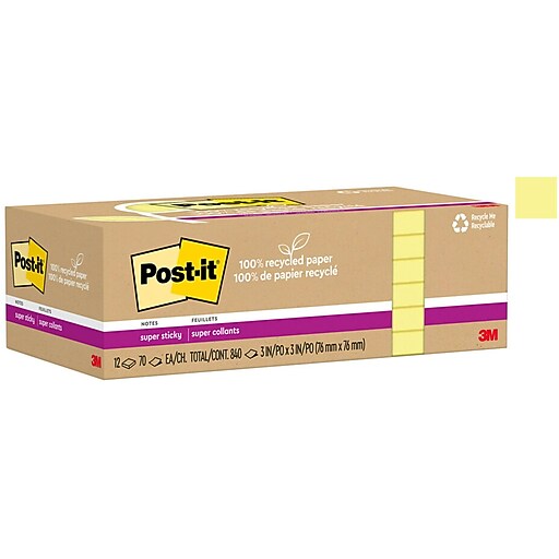 Post-it Recycled Super Sticky Notes, 3" x 3", Canary Collection, 70 ...