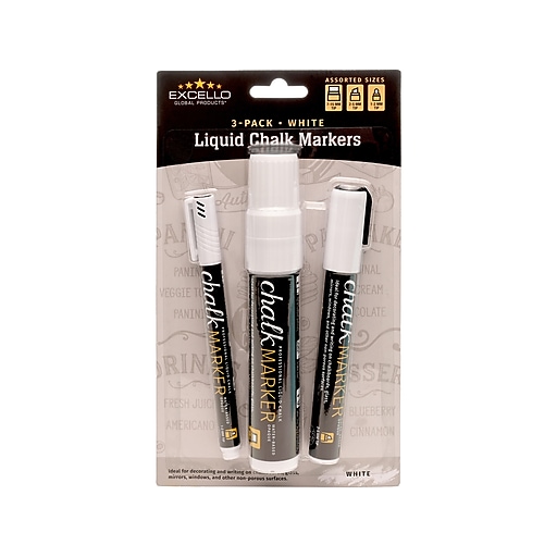 Excello Global Products Washable Chalk Markers, Assorted Tips, White, 3 ...