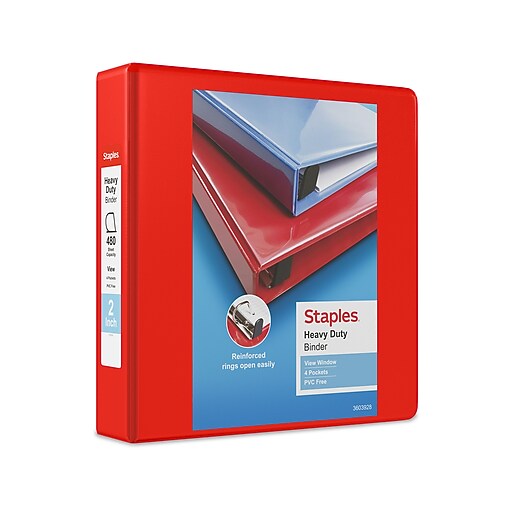 Staples Heavy Duty 2" 3-Ring View Binder, D-Ring, Red (ST56297-CC ...