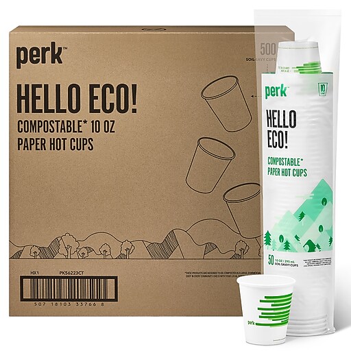 Perk™ Compostable Paper Hot Cup, 10 Oz., White/Green, 500/Carton ...