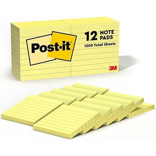 Post-it Notes, 3" x 3", Canary Collection, Lined, 100 Sheet/Pad, 12 ...