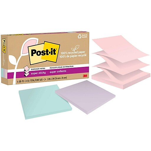 Post-it Recycled Super Sticky Pop-up Notes, 3" x 3", Wanderlust Pastels ...