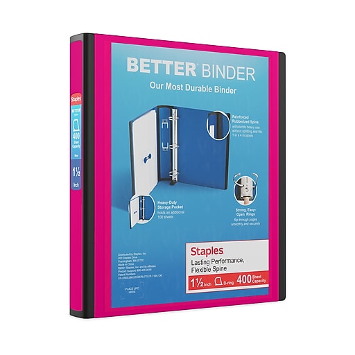 Staples Heavy Duty 1 1/2" 3-Ring Better Binder, D-Ring, Pink (ST55859 ...
