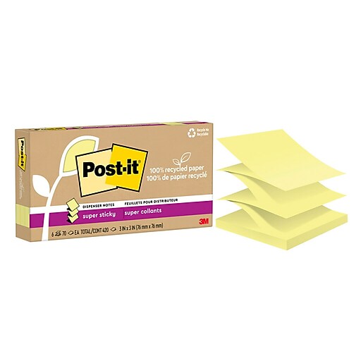 Post-it Recycled Super Sticky Pop-up Notes, 3" x 3", Canary Collection ...