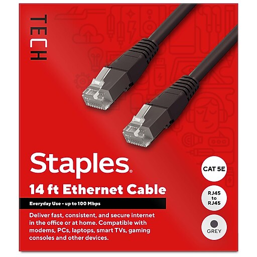 Staples TECH 14 ft. Cat 5E Ethernet Cable, Male to Male, Gray (ST62449 ...