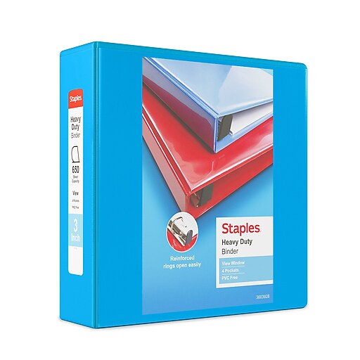 Staples Heavy Duty 3" 3-Ring View Binder, D-Ring, Light Blue (ST56288 ...
