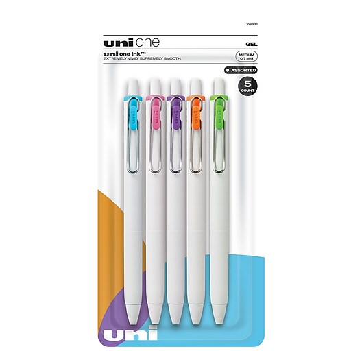 uni one Retractable Gel Pens, Medium Point, 0.7mm, Assorted Ink, 5/Pack ...