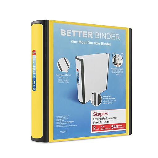 Staples 2" 3-Ring Better Binder, D-Ring, Yellow (20248) | Staples
