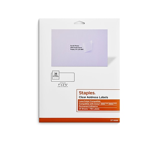Staples Laser/Inkjet Address Labels Address Labels, 1 X 2 5/8", Clear ...