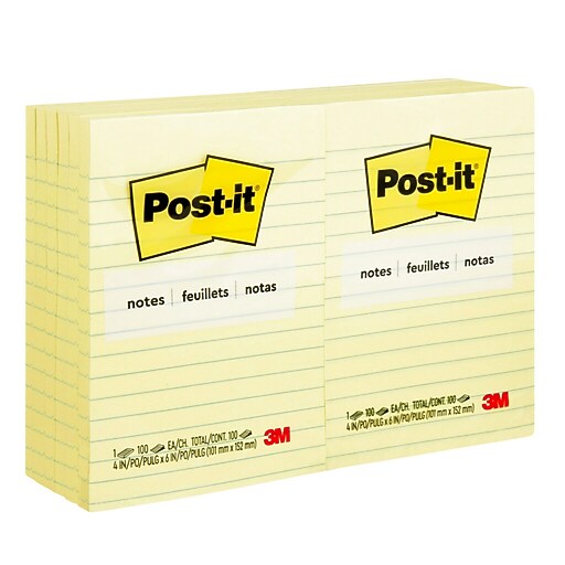 Post-it Notes, 4" x 6", Canary Collection, Lined, 100 Sheet/Pad, 12 ...