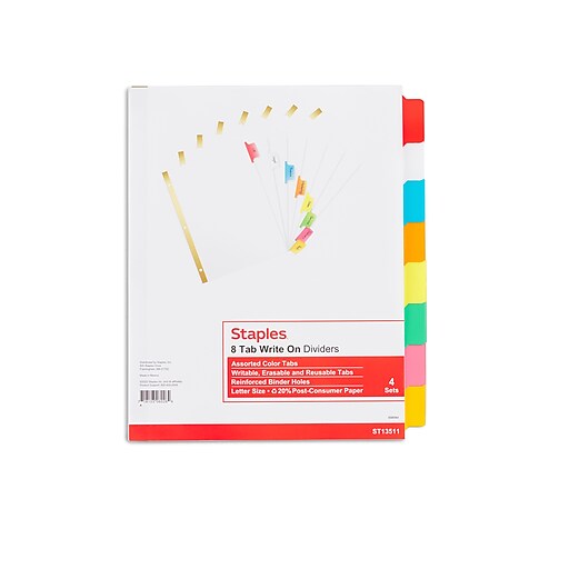 Staples Write-On Dividers, 8-Tab, Assorted Color s, 4/Pack (13511/23179 ...