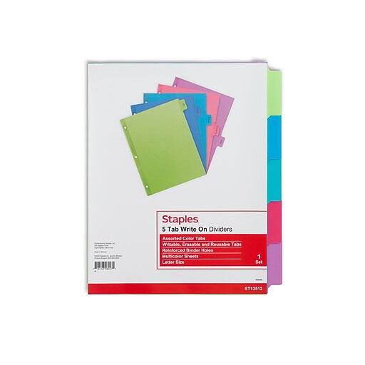 Staples Write-On Dividers, 5-Tab, Assorted Colors (13512/23180) | Staples
