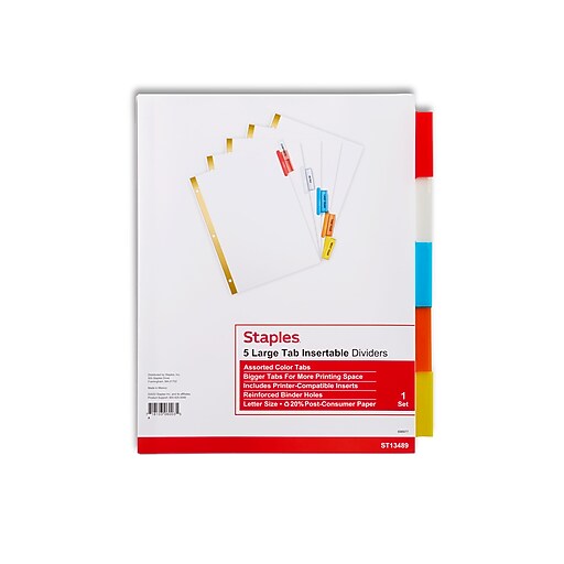 Staples Large Tab Insertable Dividers, 5-Tab, Assorted Colors (13489/ ...