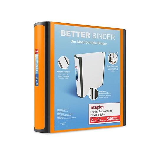 Staples Heavy Duty 2" 3-Ring Better Binder, D-Ring, Bright Orange ...