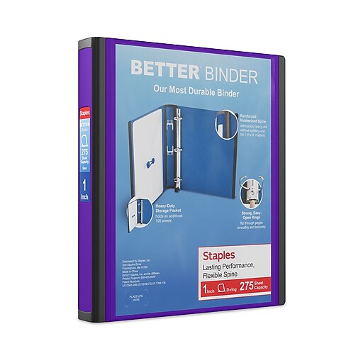 Staples Heavy Duty 1" 3-Ring Better Binder, D-Ring, Purple (ST55847-CC ...