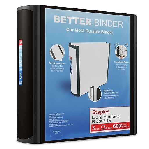 Staples 3" 3-Ring Better Binder, D-Ring, Black (ST55888-CC) | Staples