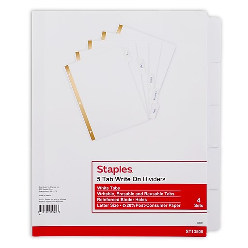 Staples Write-On Write & Erase Paper Divider, 5 Tabs, White/White Tabs ...