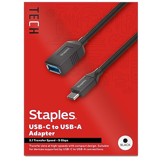 Staples TECH USB-C to USB A Audio/Video Adapter, Female to Male, Black (ST62385) | Staples