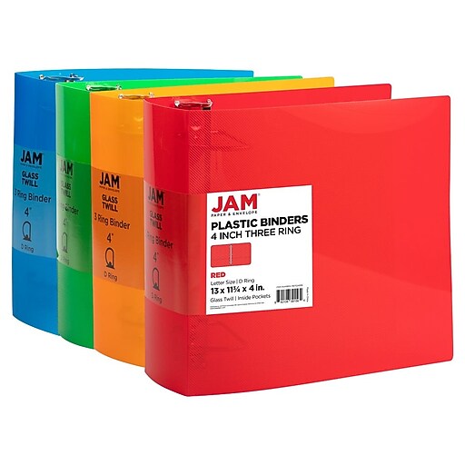 JAM Paper 4" 3-Ring Flexible Poly Binders, Assorted Colors, 4/Pack ...