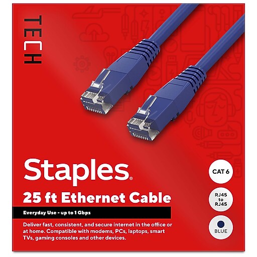Staples TECH 25 ft. Cat-6 Ethernet Cable, Male to Male, Blue (ST62451 ...