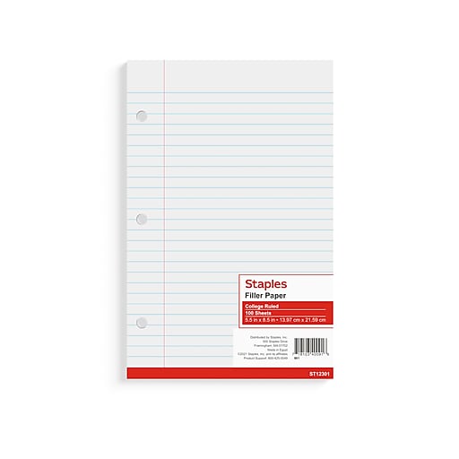 Staples® College Ruled Filler Paper 5 5 X 8 5 3 Hole Punched White