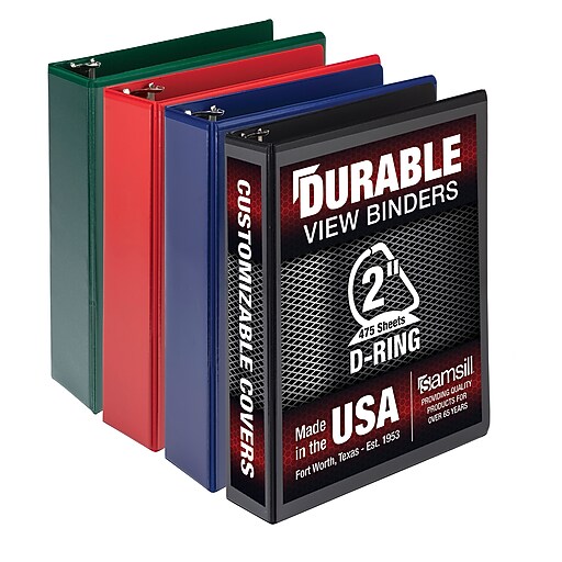 Samsill Durable 2" View Binders, D-Ring, Made in USA, Black, Blue, Red ...