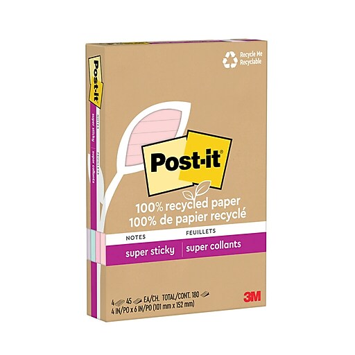 Post-it Recycled Super Sticky Notes, 4" x 6", Wanderlust Pastels ...
